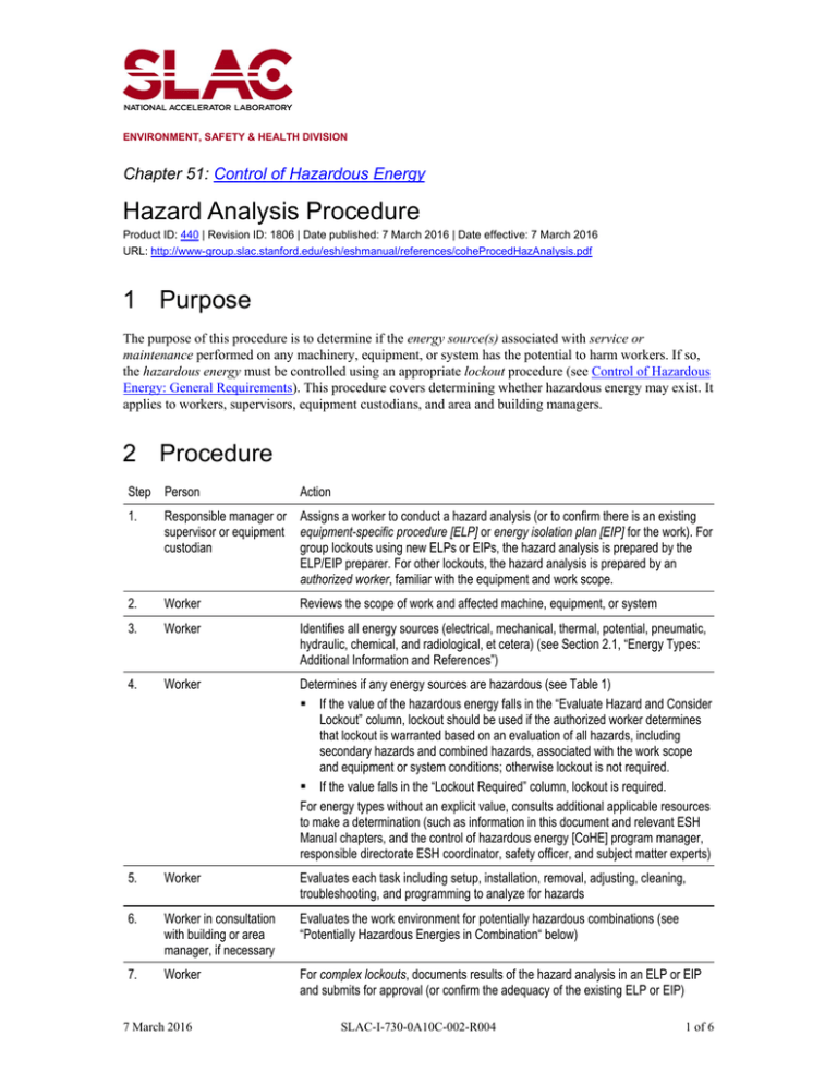 Hazard Analysis Procedure - SLAC Safety Guidelines