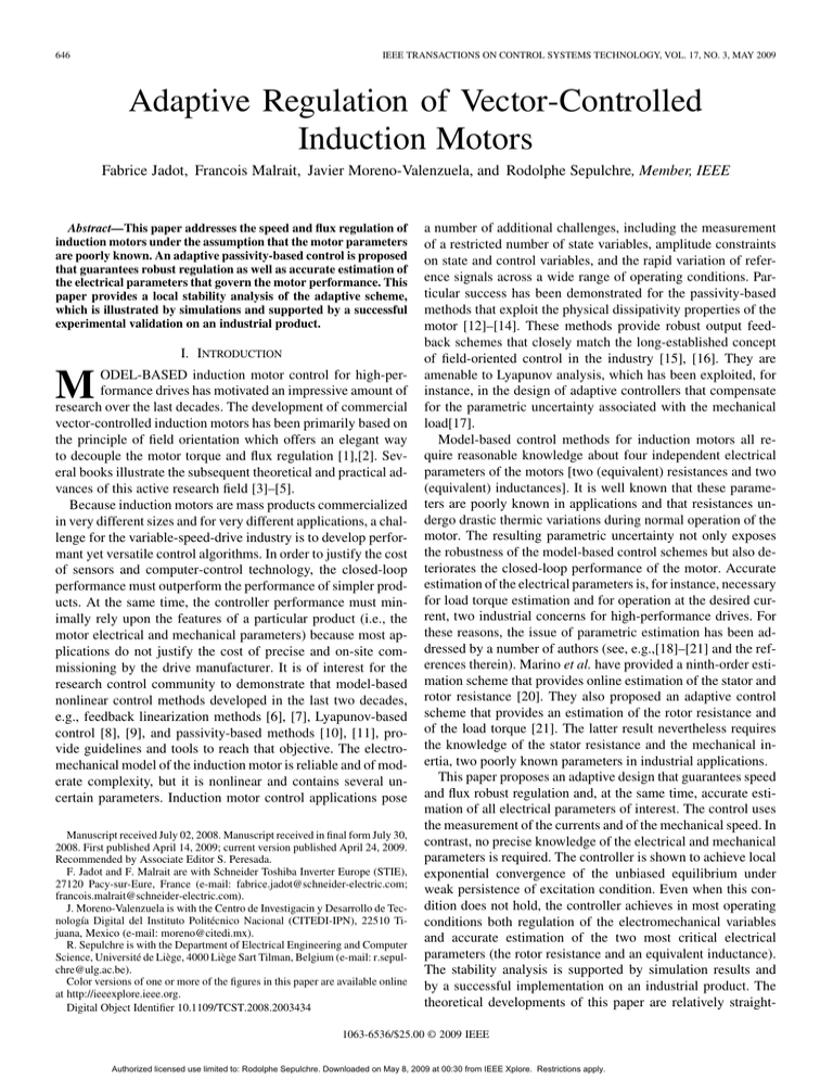 Adaptive Regulation of Vector-Controlled Induction Motors