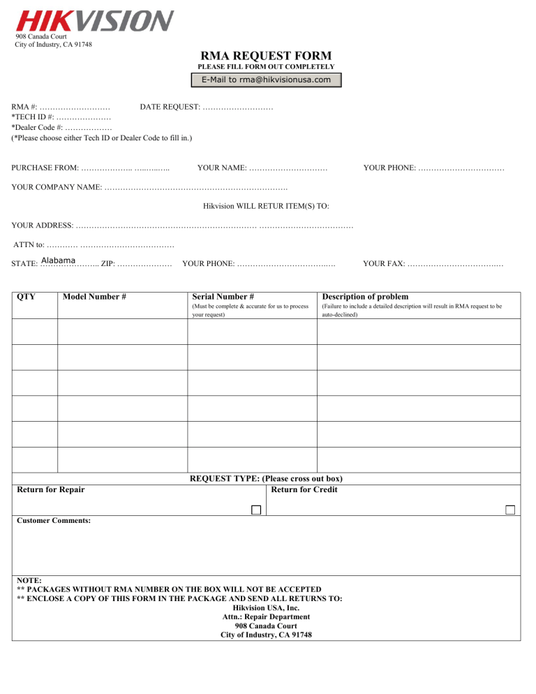 Rma Request Form Rma Request Form