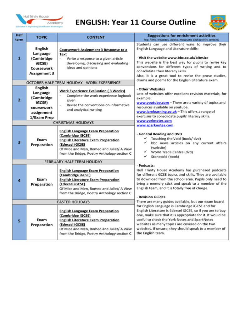 YEAR 11 ENGLISH SCHEME OF LEARNING YEAR 11 ENGLISH SCHEME OF LEARNING