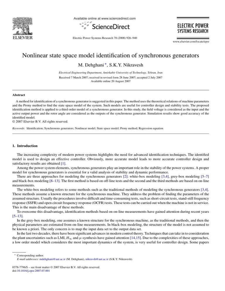 Nonlinear State Space Model Identification Of Synchronous Generators