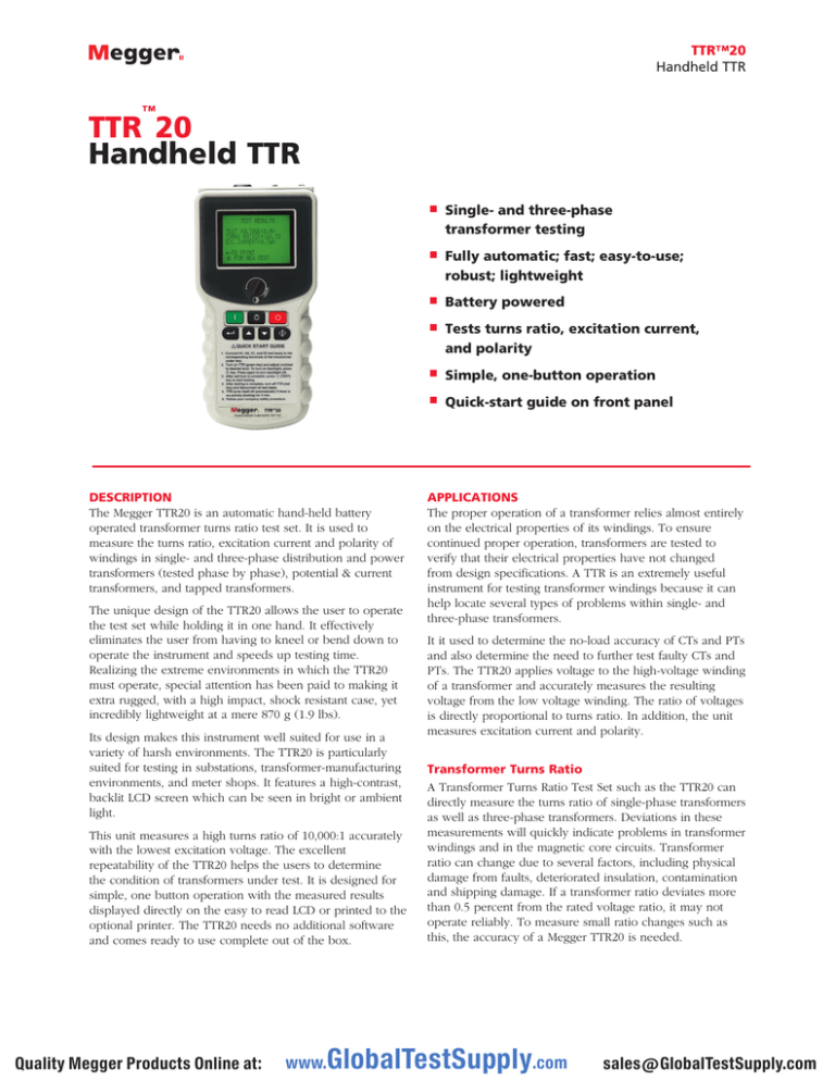 Megger Limited Megger TTR20 Transformer Turns Ratio Tester