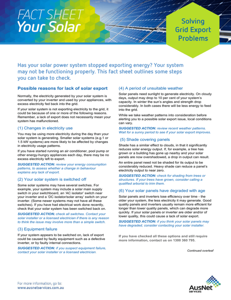 Possible reasons for lack of solar export