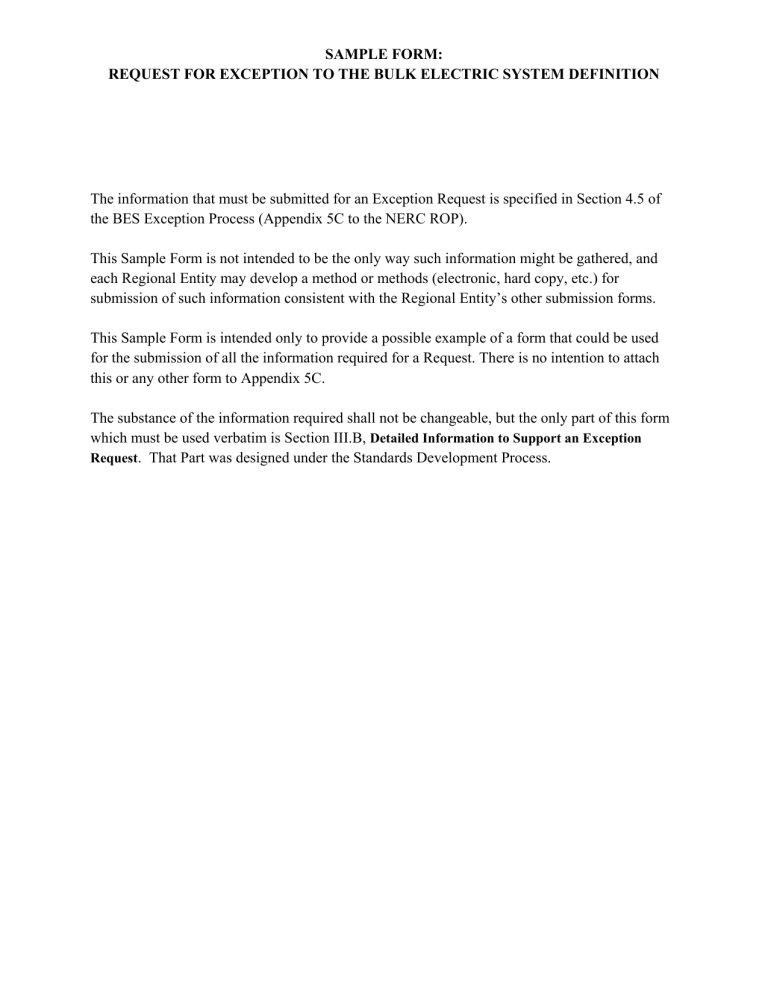 Sample Form: Request for Exception to BES