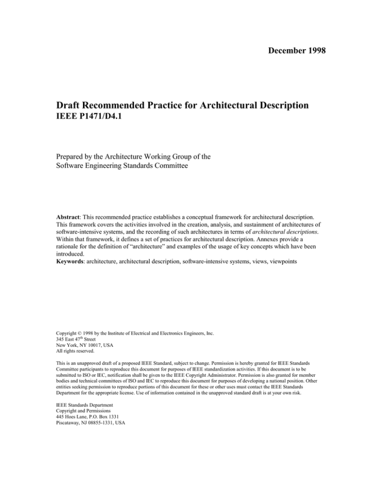 Draft Recommended Practice for Architectural Description