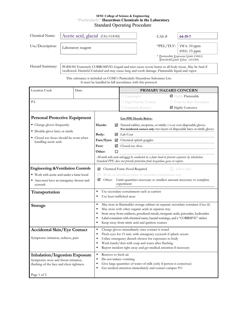Standard Operating Procedure For Chemicals In The Laboratory