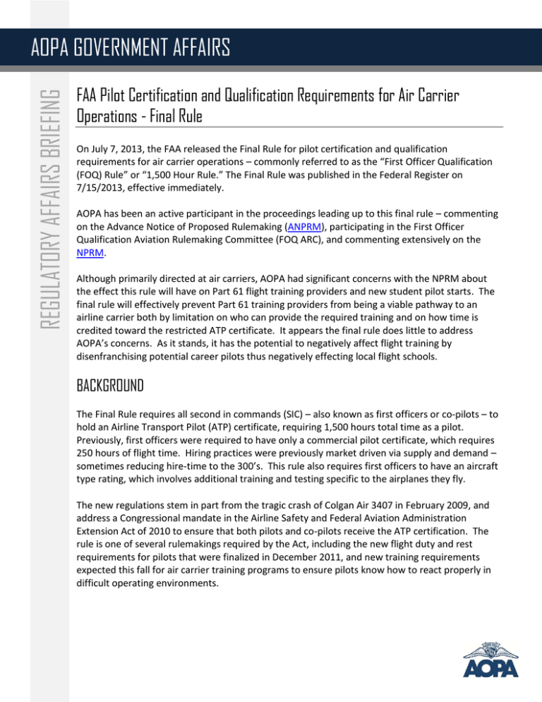 FAA Pilot Certification And Qualification Requirements FAA Pilot Certification And Qualification Requirements