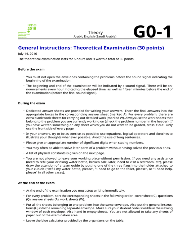 IPhO 2016 Theory General Instructions IPhO 2016 Theory General Instructions