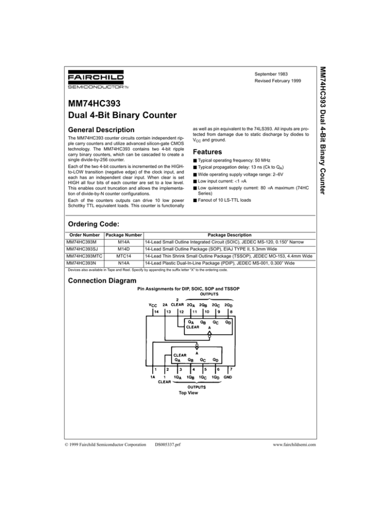 MM74HC393 Dual 4 Bit Binary Counter