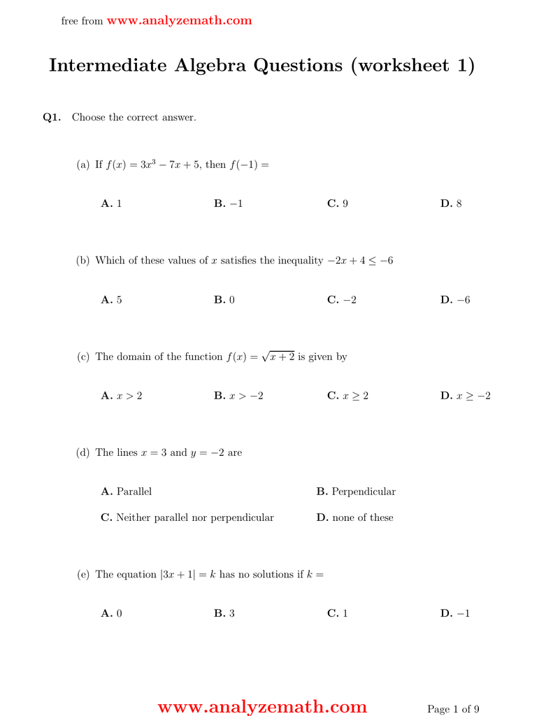 Intermediate Algebra Questions worksheet 1 Www analyzemath Intermediate Algebra Questions worksheet 1 Www analyzemath