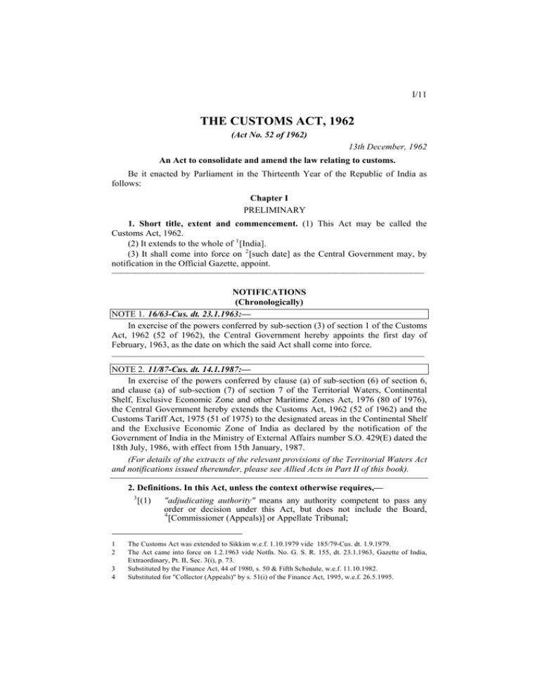THE CUSTOMS ACT 1962 THE CUSTOMS ACT 1962