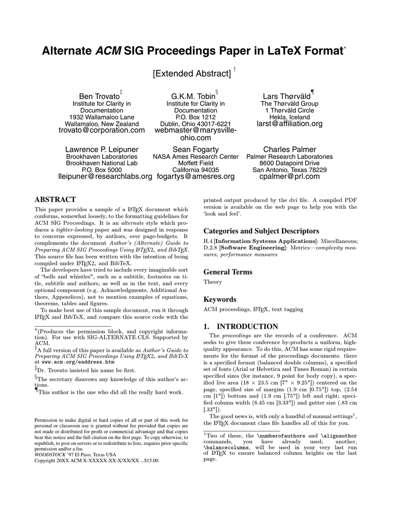 Alternate ACM SIG Proceedings Paper In LaTeX Format