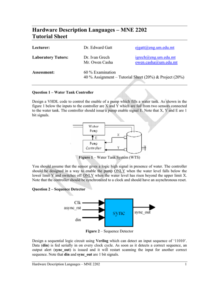 Hardware Description Languages M E 2202 Tutorial Sheet Hardware Description Languages M E 2202 Tutorial Sheet