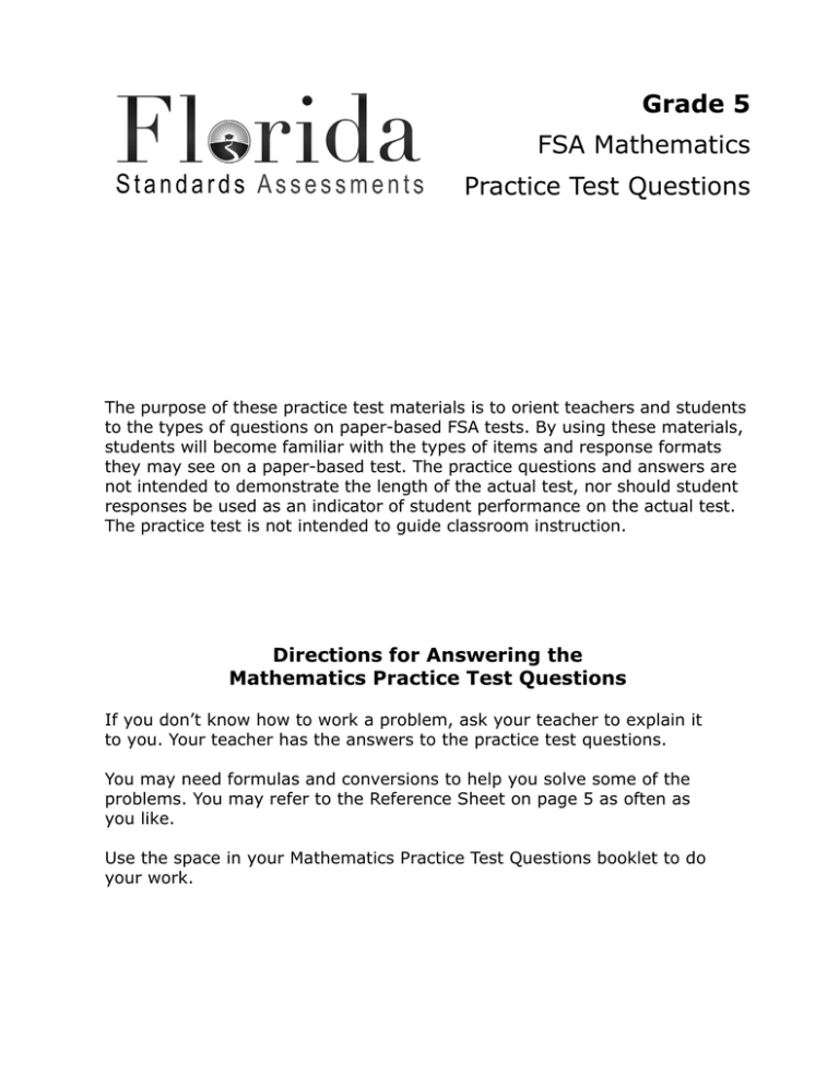 Grade 5 FSA Mathematics Practice Test Questions Grade 5 FSA Mathematics Practice Test Questions