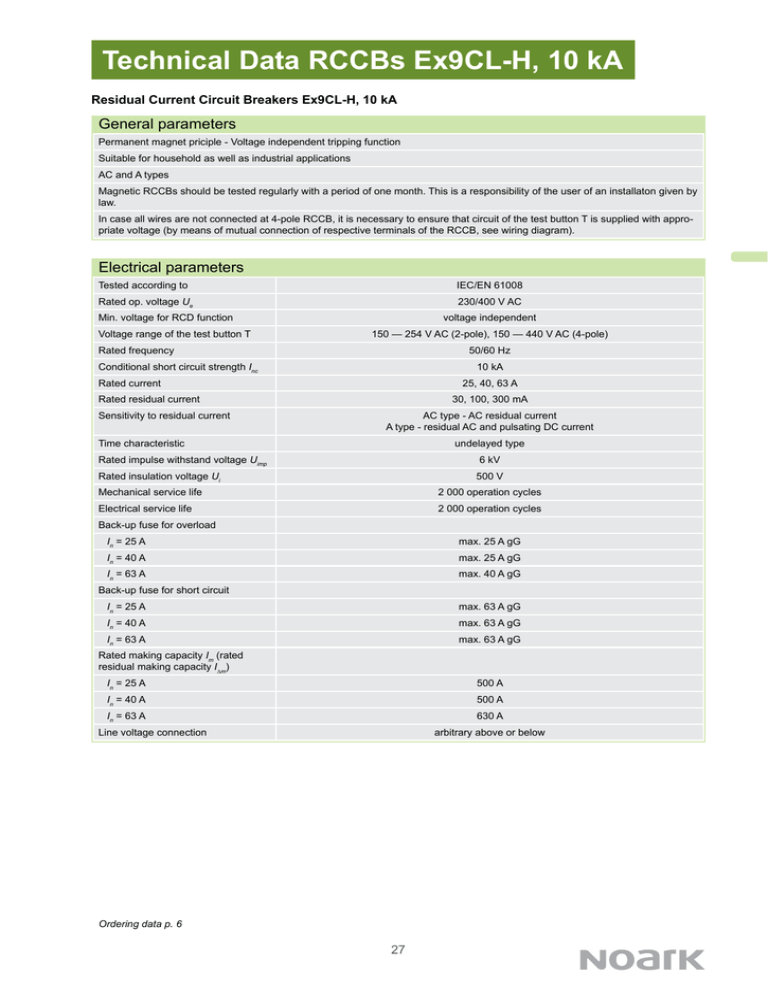 Technical Data RCCBs Ex9CL