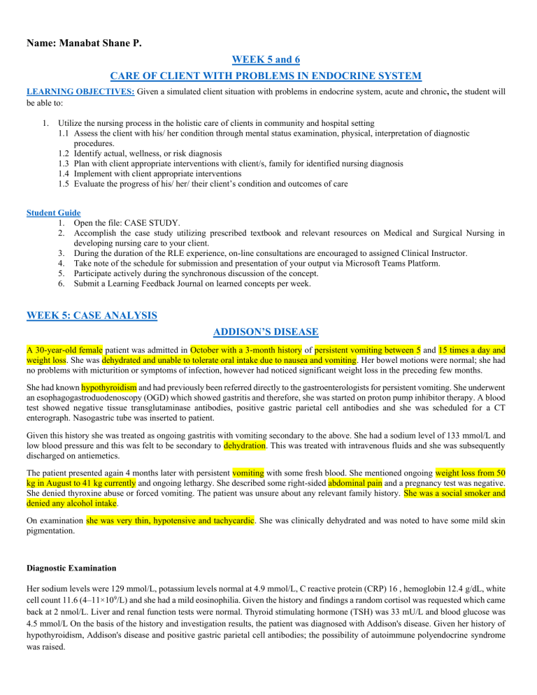 Addison's Disease Case Study: Nursing Care