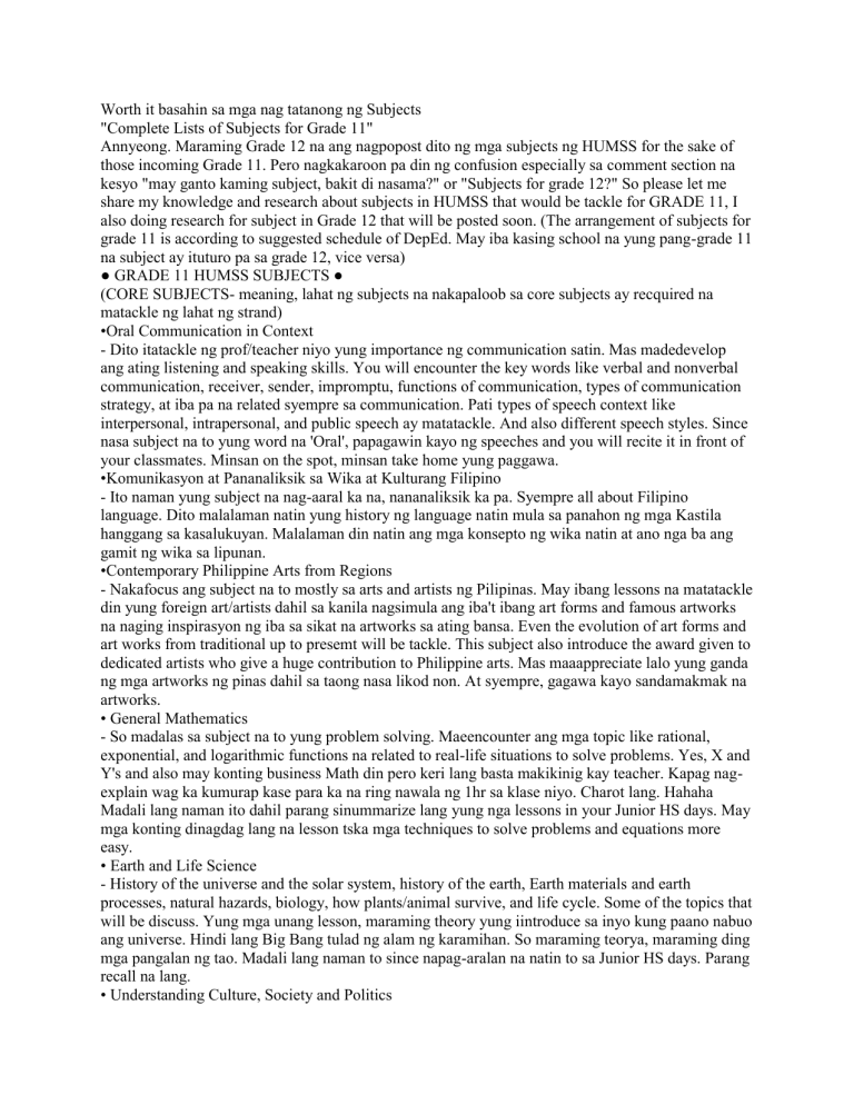 Grade 11 HUMSS Subjects: Complete List & Descriptions