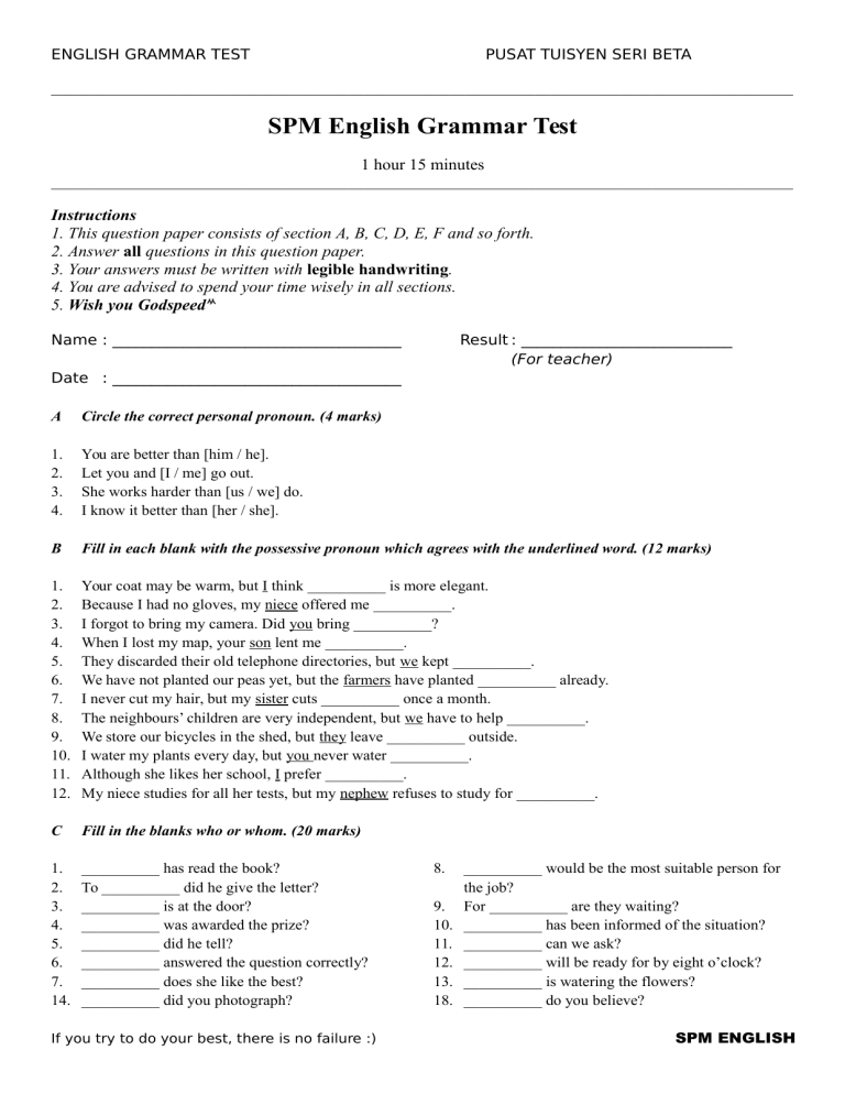 Pdfcoffee Spm english grammar test pdf free