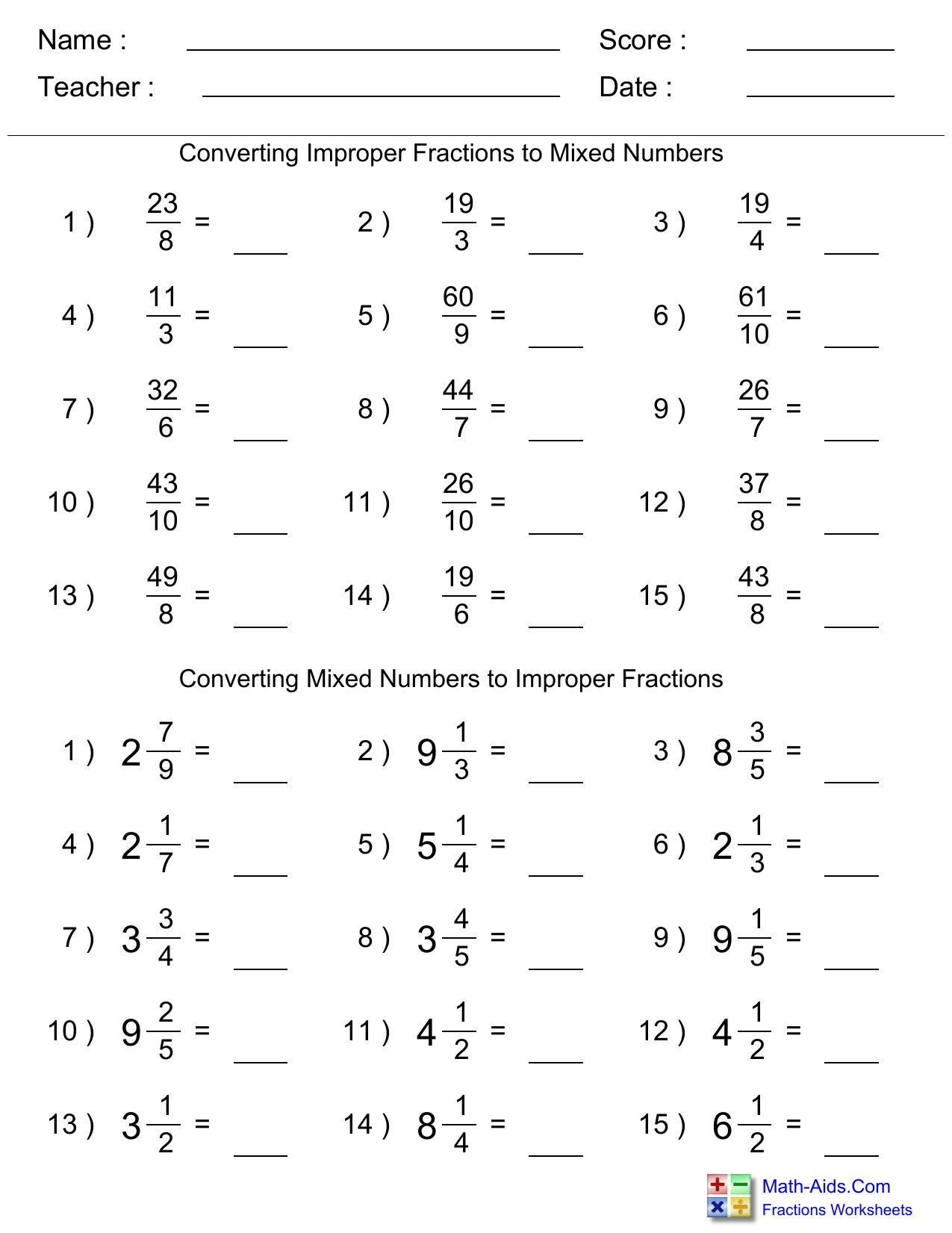 Converting Improper Fractions To Mixed Numbers Worksheet Worksheets