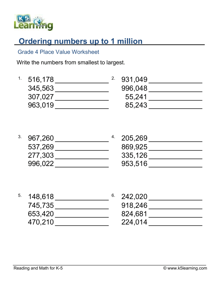 Ordering Numbers To 1 Million Worksheet Ordering Numbers To 1 Million Worksheet