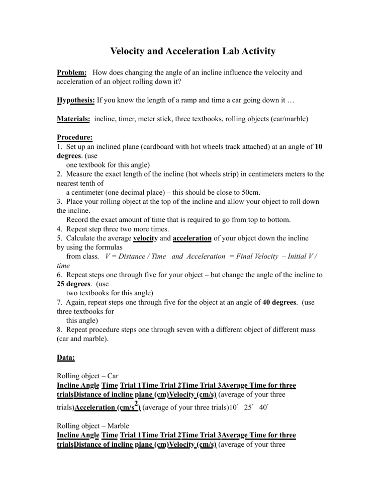 Velocity And Acceleration Lab Velocity And Acceleration Lab