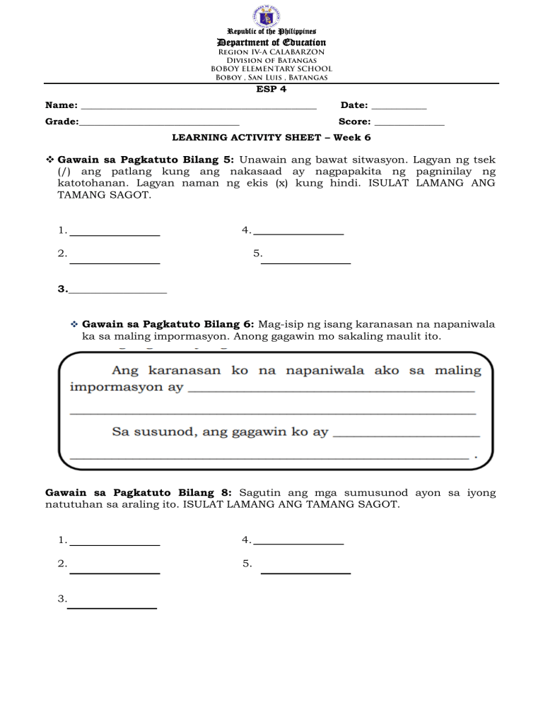WORKSHEET WEEK 6 QUARTER 1 WORKSHEET WEEK 6 QUARTER 1