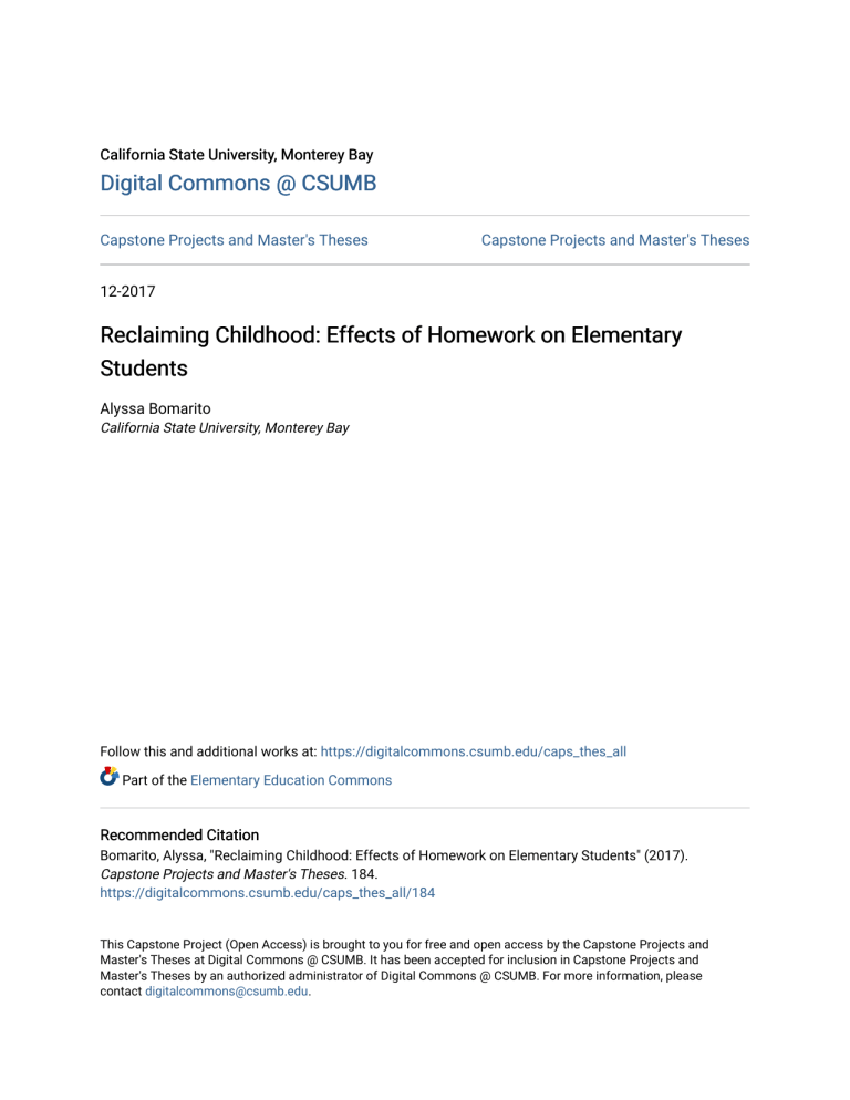 Homework Effects on Elementary Students: A Capstone Project