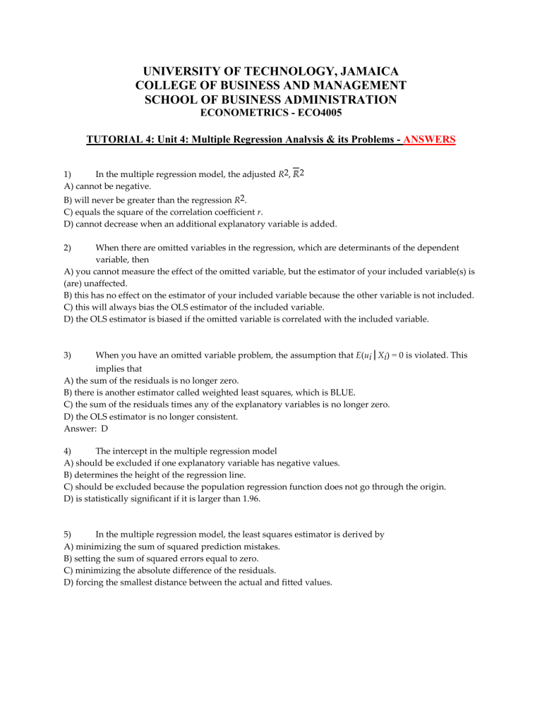 TUTORIAL Sheet 4 Multiple Regression Analysis 1 