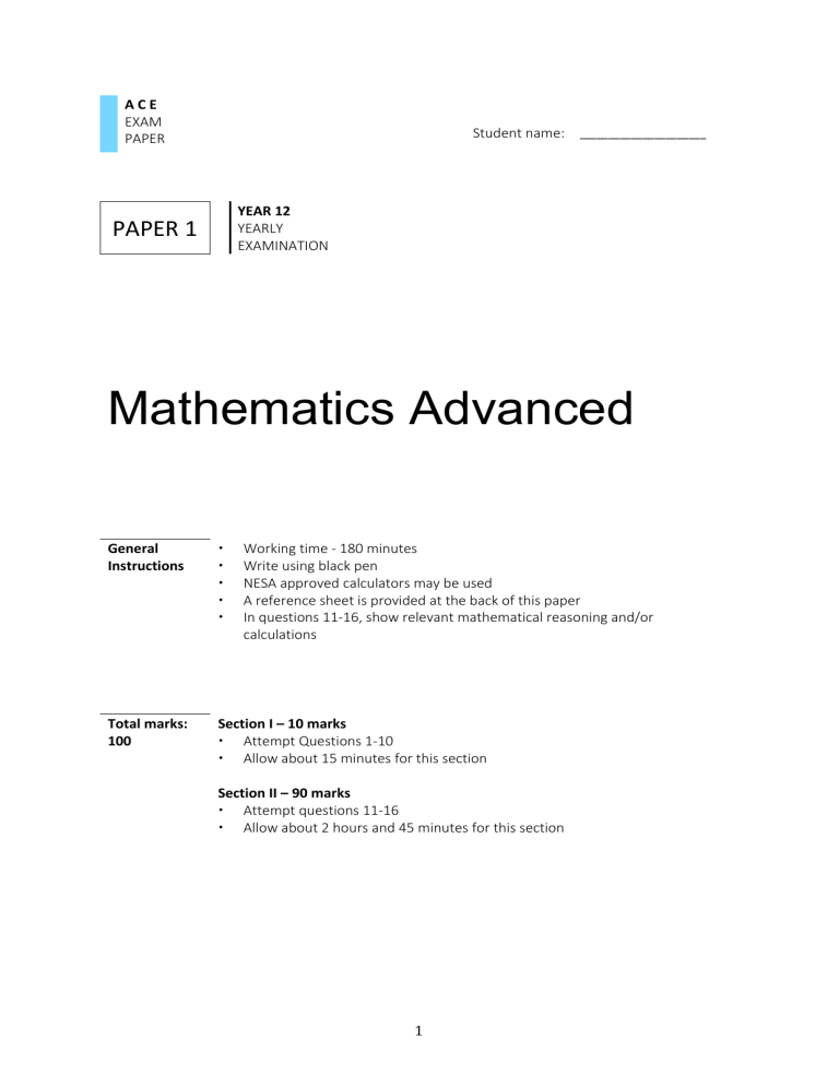 Year 12 Mathematics Advanced Exam Paper