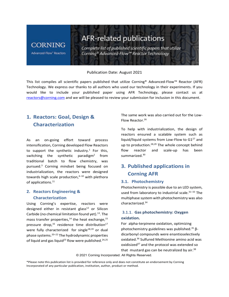 Corning AFR Technology Scientific Publications List