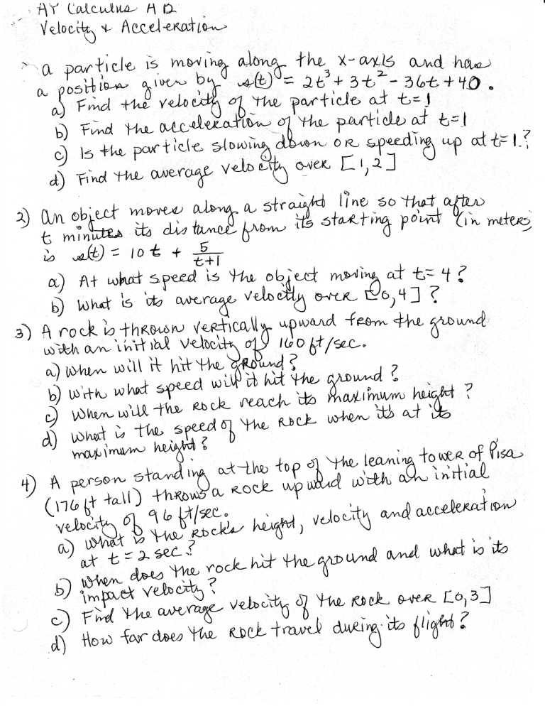 Velocity Acceleration Worksheet