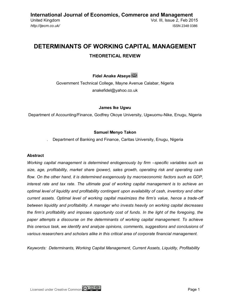 Determinants Of Working Capital Management