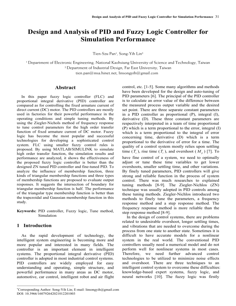 Design And Analysis Of PID And Fuzzy Logic Controller For Simulation 