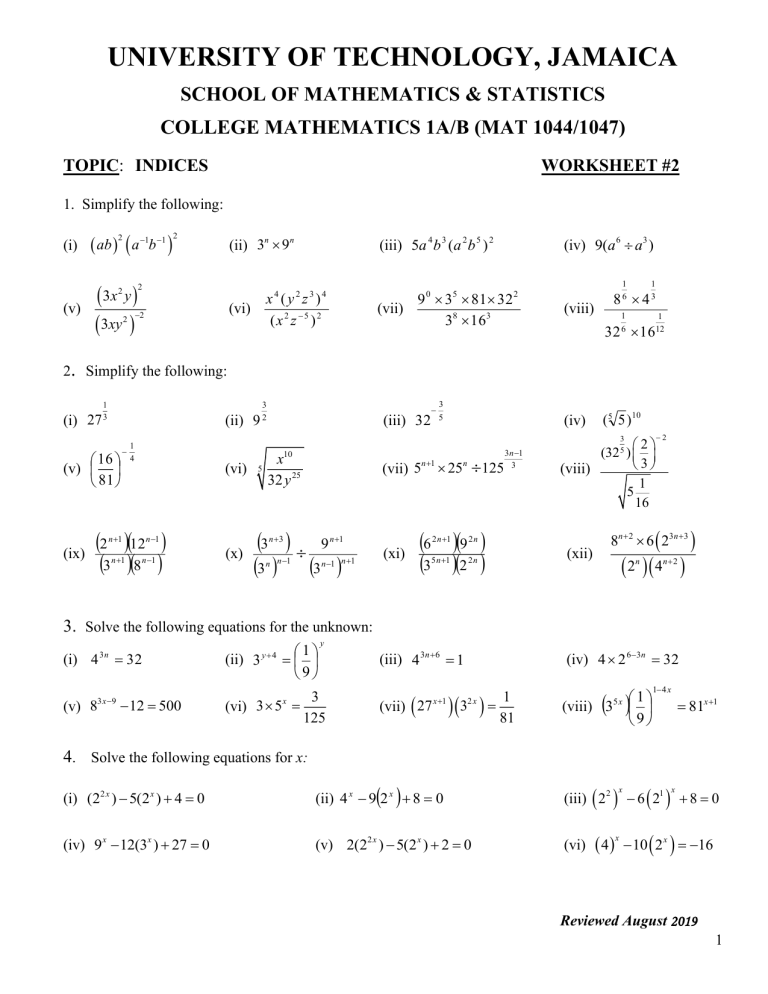 Worksheet Indices