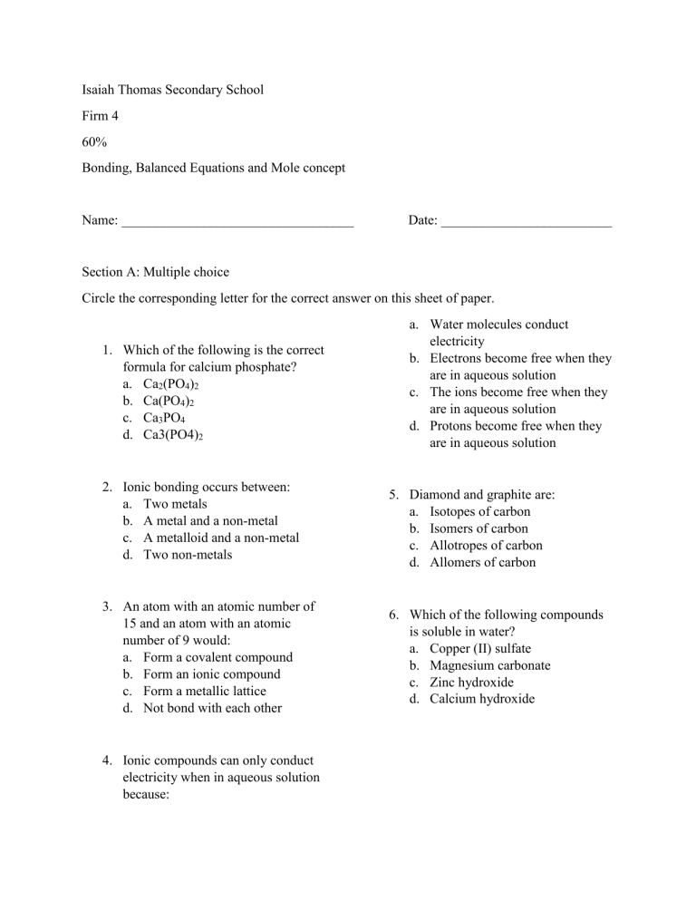 Chemistry Test: Bonding, Equations, Mole Concept