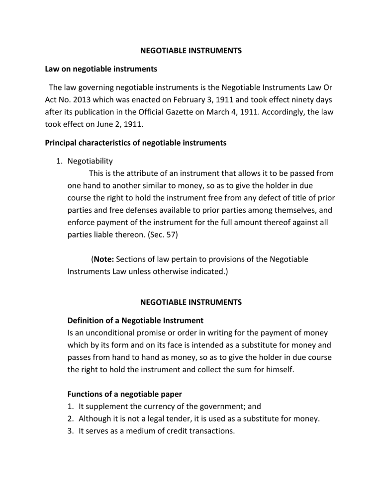 Negotiable Instruments Law: Study Guide & Examples