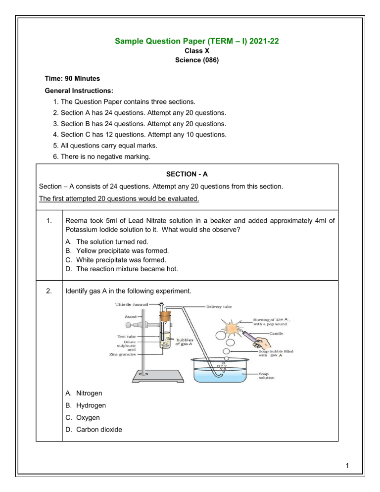 Class X Science Sample Question Paper
