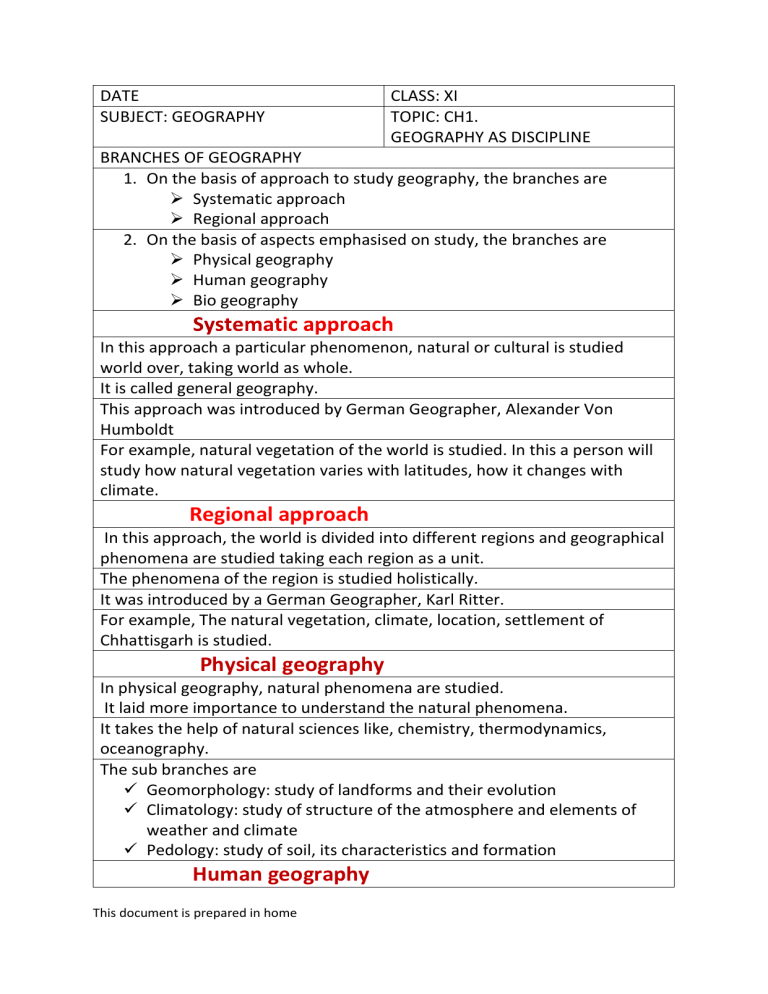 Geography Branches & Discipline: Class XI Lesson