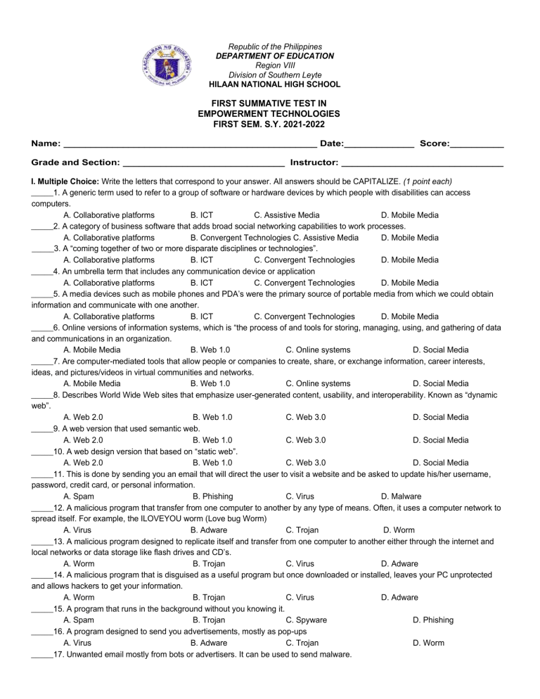 SUMMATIVE TEST IN EMPOWERMENT TECHNOLOGY Q1
