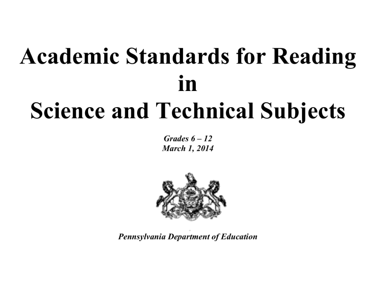 PA Core Standards For Reading In Science And Technical Subjects March 2014 PA Core Standards For Reading In Science And Technical Subjects March 2014