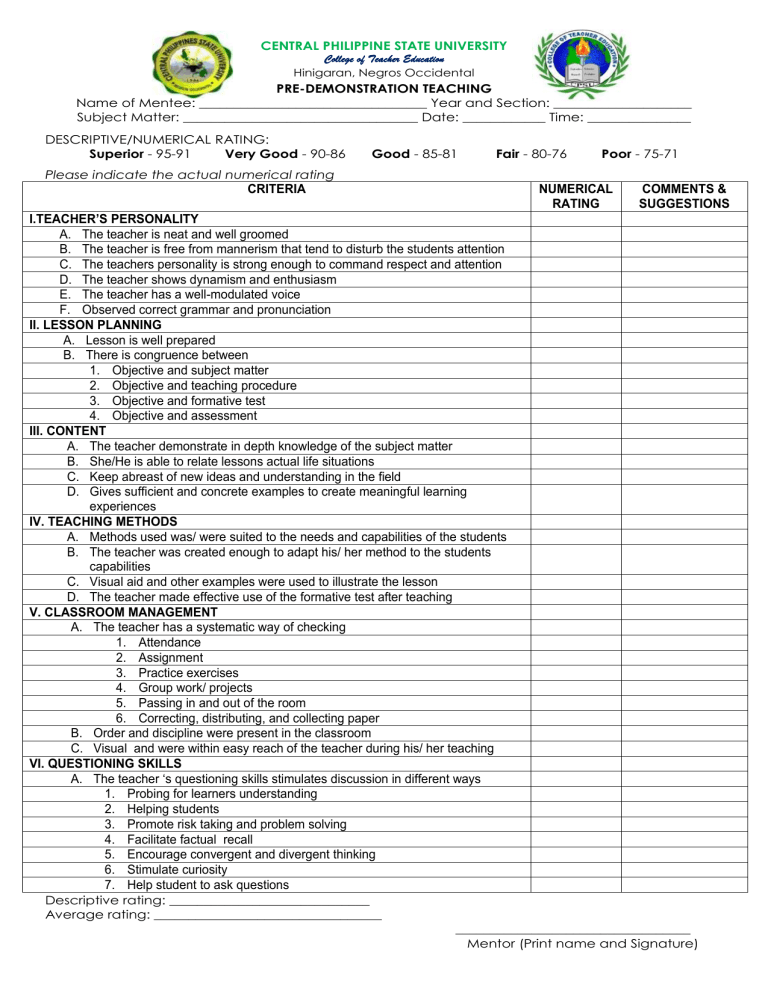 Demo teaching observation sheet