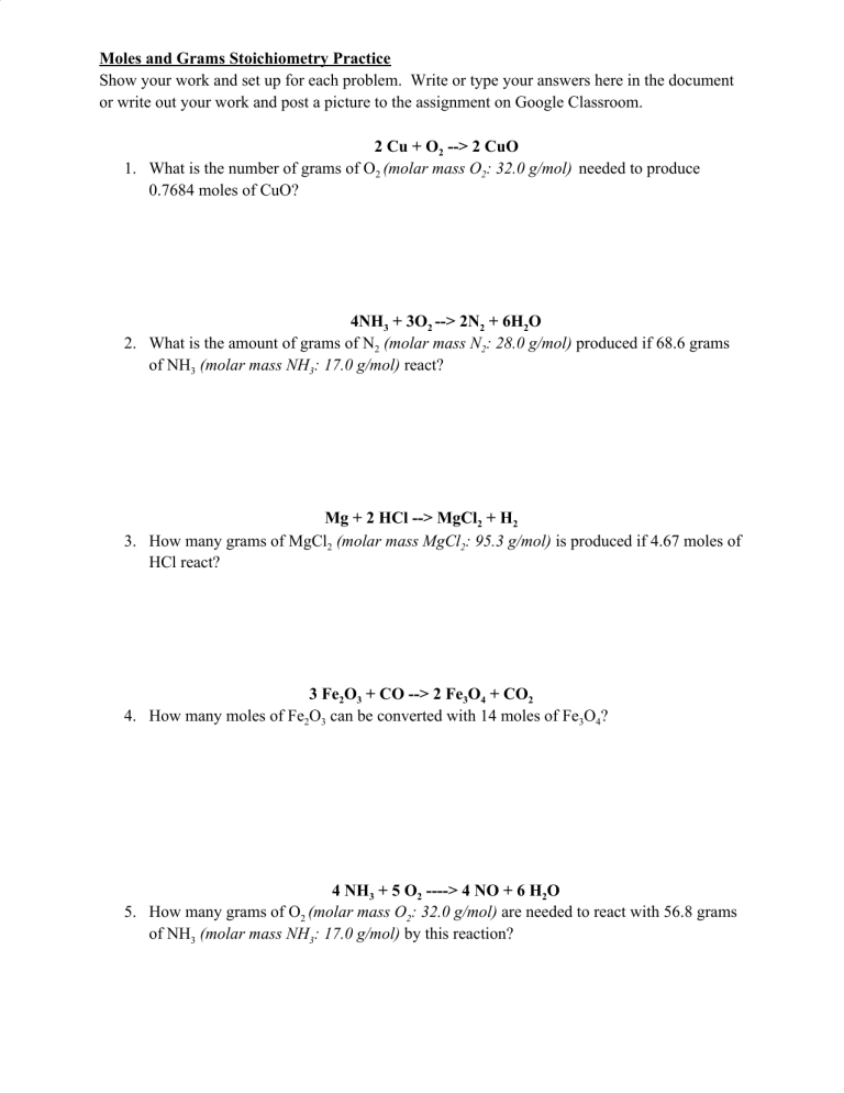 Moles And Grams Stoichimetry Practice