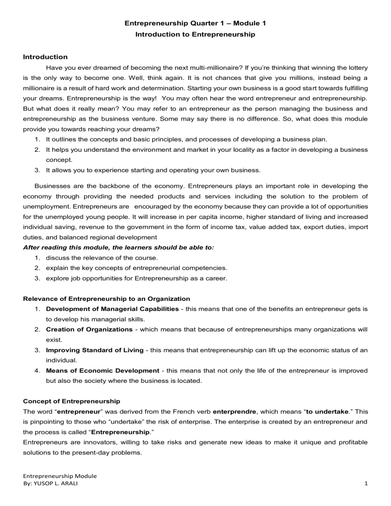 Entrepreneurship Q1 Module1 Introduction To Entrepreneurship