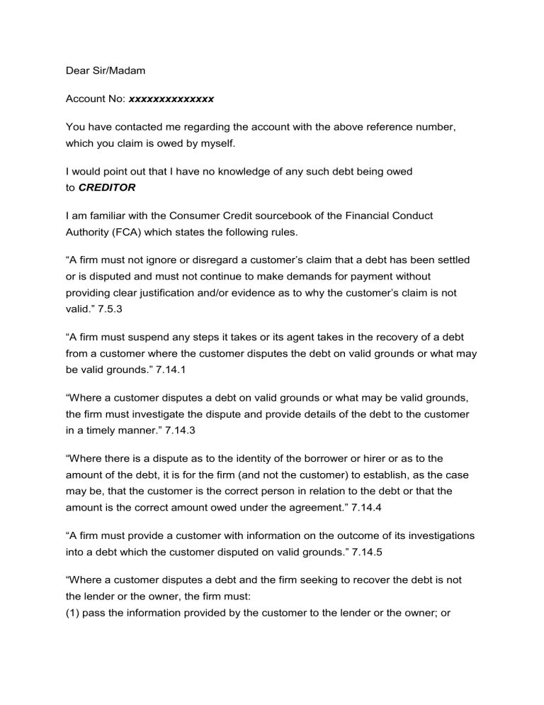 Proof of debt letter