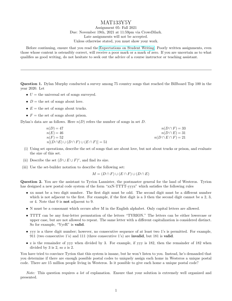 Set Theory & Combinatorics Assignment - College Level