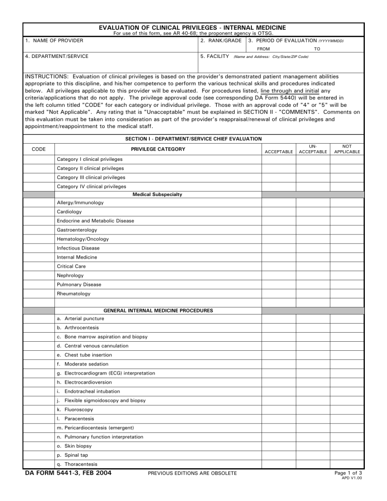 Internal Medicine Clinical Privileges Evaluation Form
