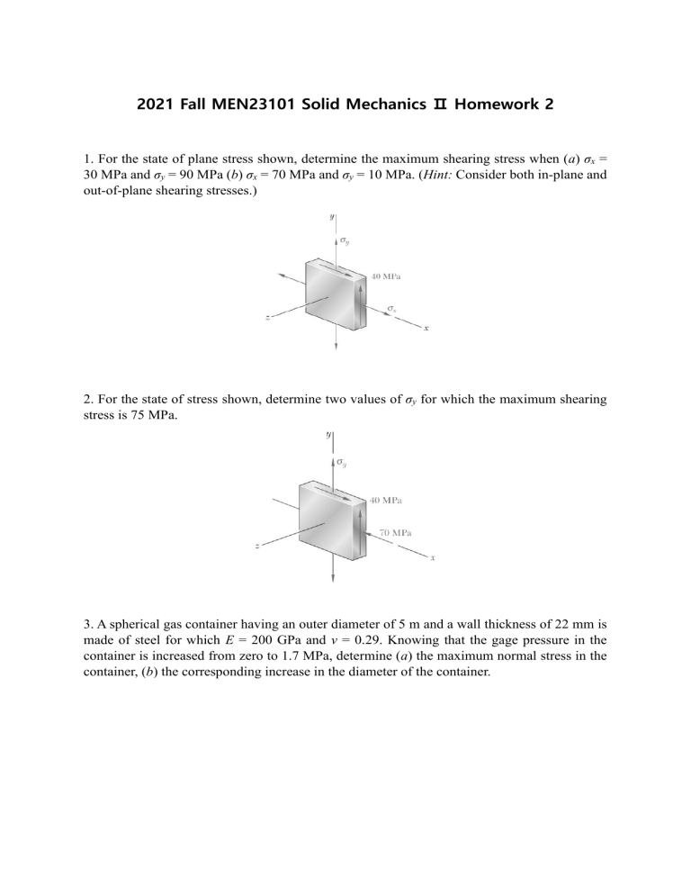 Solid Mechanics II Homework: Stress Analysis Problems