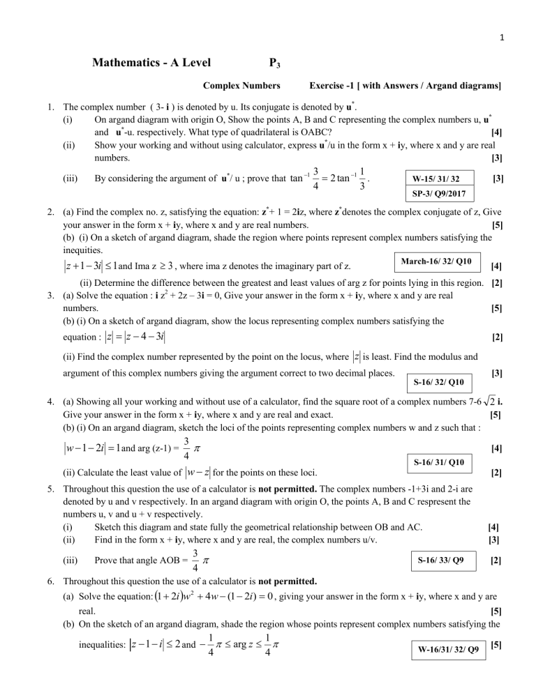 P3 complex numbers exercise1 with answers argand diagrams