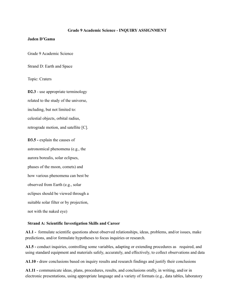 Grade 9 Science: Crater Inquiry Assignment