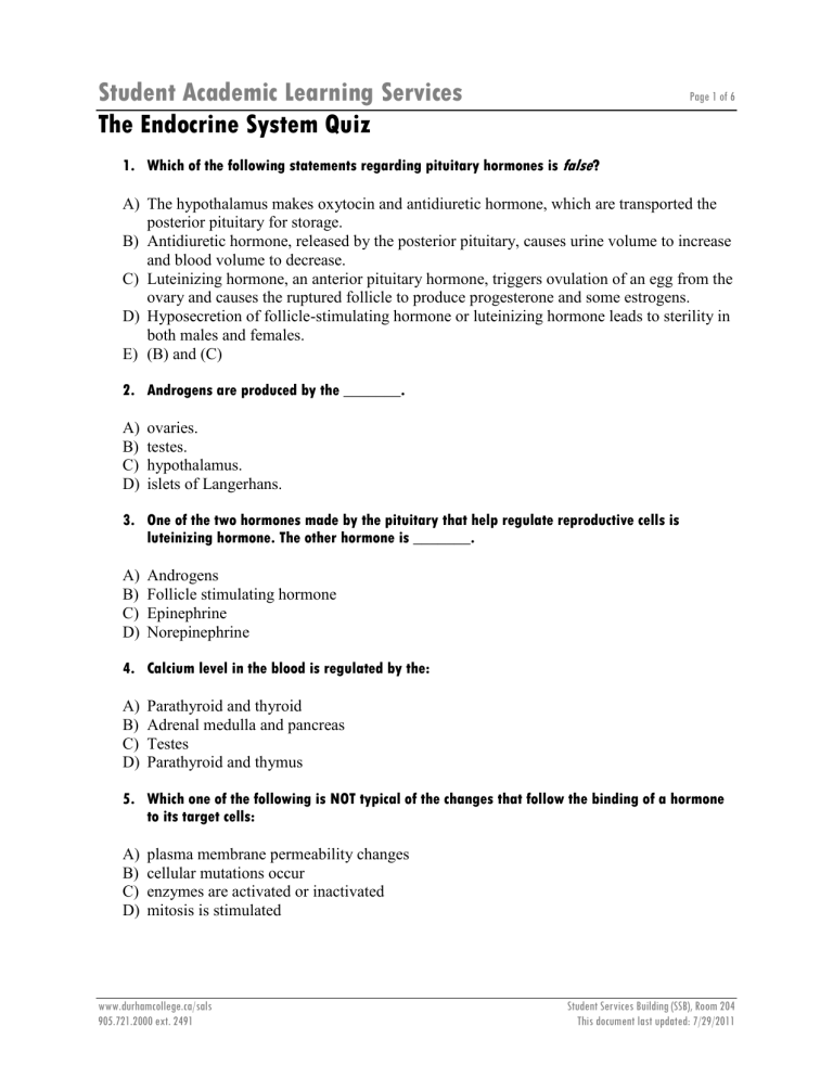 Endocrine System Quiz 1